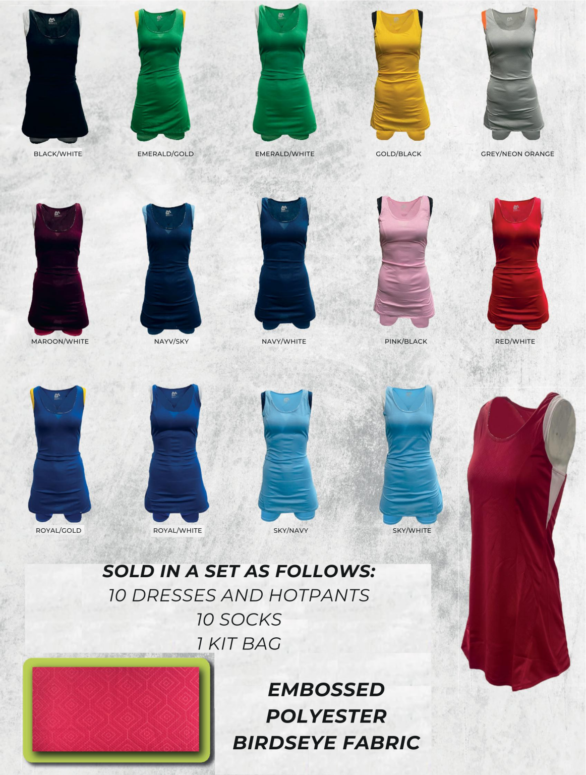 Mitzuma Pyro Embossed Netball Kit – Complete Set (dresses and hotpants ...